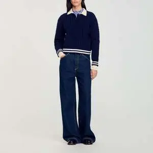 Sandro Cable Knit Polo Sweater - Navy Blue