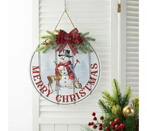 GLITZHOME 15'd Wooden Christmas Round Word Sign Door Hanger - One-color