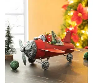 GLITZHOME 14'l Christmas Metal Airplane With Gi Fts Table Decor - One-color