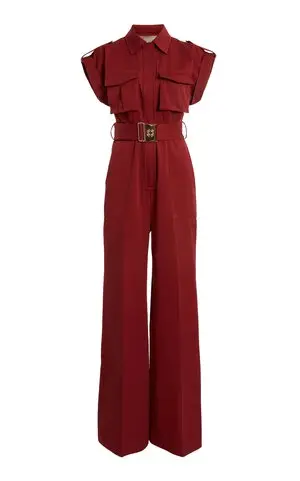 Elie Saab Pocket-detail Cotton-gabardine Jumpsuit - Burgundy