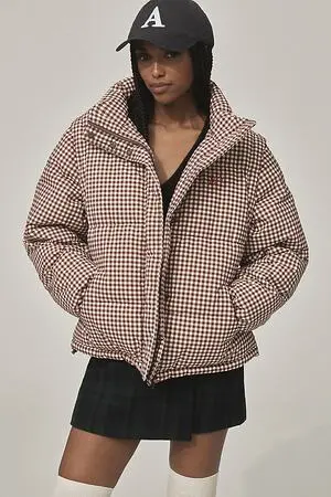 Damson Madder Jennifer Check Puffer Jacket In Brown - 41% Off