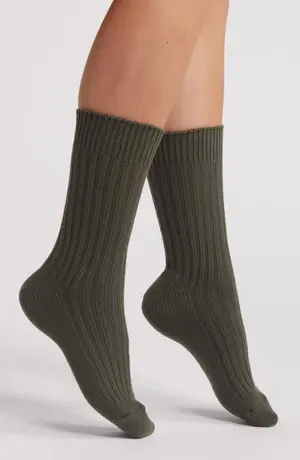 CASA CLARA Ribbed Cotton-Blend Crew Socks Olive