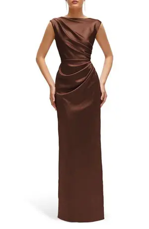 After Six Pleated Cap-sleeve Charmeuse Gown - Cognac