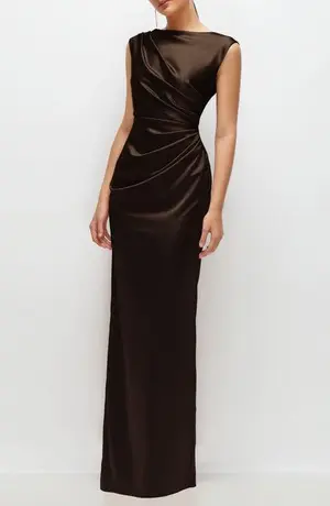 After Six Pleated Cap-sleeve Charmeuse Gown - Espresso