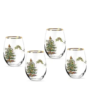SPODE Christmas Tree Stemless Wine Glasses, Set Of 4 - Green