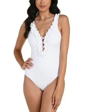 La Blanca Ig Ruffle Plunge Mio One-piece Swimsuit - White