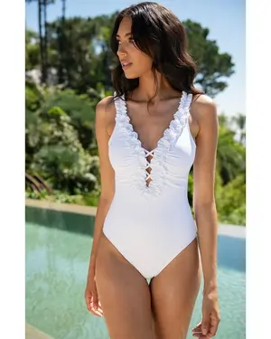 La Blanca Ruffle Plunge Mio One-piece Swimsuit - White