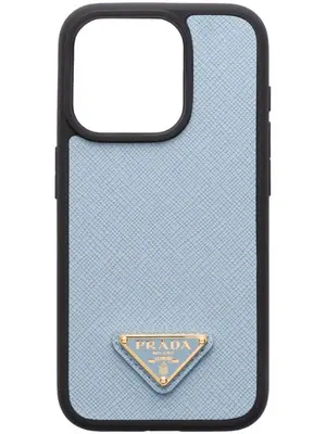Prada Triangle-logo Iphone 15 Pro Case - Blue