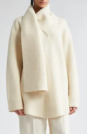 TOTEME Draped Scarf Oversize Funnel Neck Wool Rib Sweater