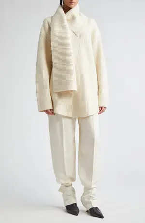 TOTEME Draped Scarf Oversize Funnel Neck Wool Rib Sweater