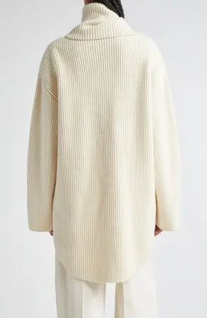 TOTEME Draped Scarf Oversize Funnel Neck Wool Rib Sweater