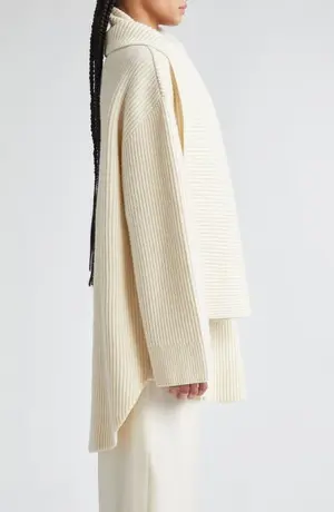 TOTEME Draped Scarf Oversize Funnel Neck Wool Rib Sweater