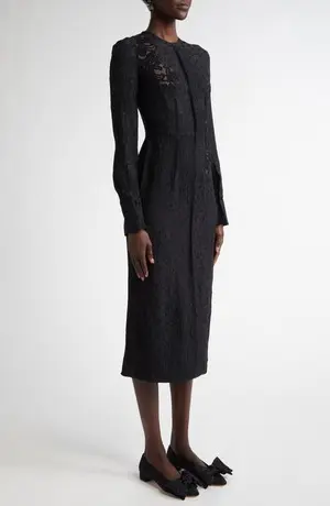 Erdem Long Sleeve Guipure Lace & Floral Satin Midi Dress
