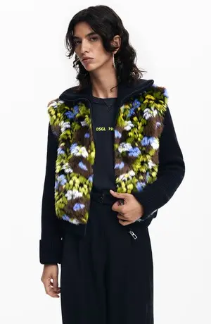 Desigual Lyon Faux Fur Mixed Media Knit Jacket
