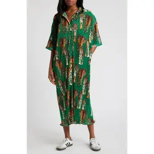 DRESSED IN LALA So Far So Good Oversize Plissé Shirt Dress - Green