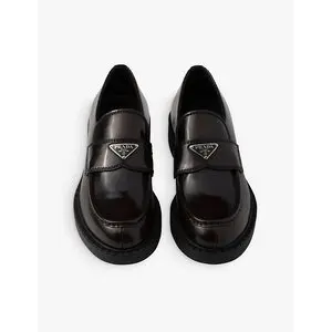 Prada Chocolate Logo-plaque Brushed Leather Loafers