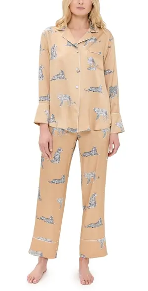PETITE PLUME Mulberry Silk Panther Champagne Pajama Set - Gold