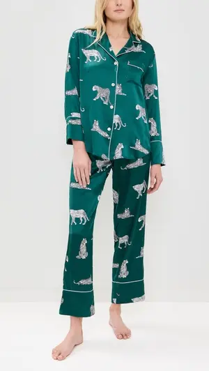 PETITE PLUME Mulberry Silk Panthre De Luxe Pajama Set - Emerald