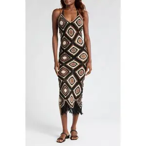 Elan Crochet Maxi Cover-up Dress - Black Multi