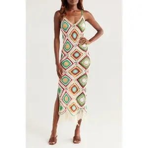 Elan Crochet Maxi Cover-up Dress - White Multi