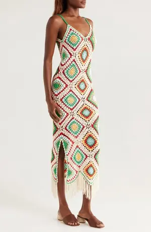 Elan Crochet Maxi Cover-up Dress - White Multi