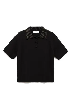 Mango Rhinestone Collar Knit Polo Shirt