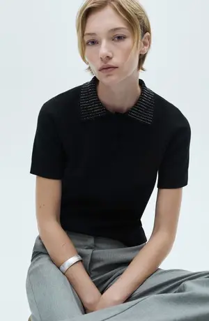 Mango Rhinestone Collar Knit Polo Shirt