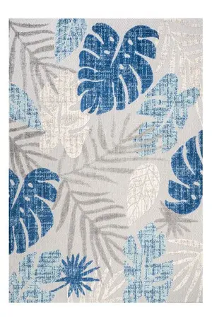 JONATHAN Y Monstera Tropical Leaf High-low Indoor/outdoor Area Rug - Light Gray/navy