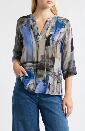 APNY Print Tassel Split Neck Chiffon Top - Blue Multi