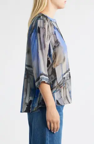 APNY Print Tassel Split Neck Chiffon Top - Blue Multi