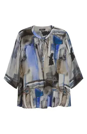 APNY Print Tassel Split Neck Chiffon Top - Blue Multi