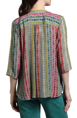 APNY Print Tassel Split Neck Chiffon Top - Grey Multi