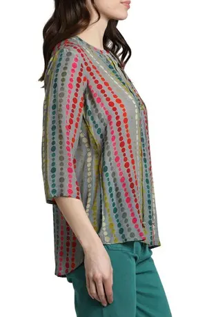 APNY Print Tassel Split Neck Chiffon Top - Grey Multi