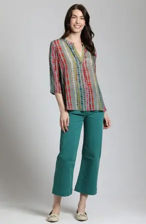 APNY Print Tassel Split Neck Chiffon Top - Grey Multi