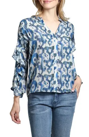 APNY APNY Mixed Print Ruffle Sleeve Shirt Blue Multi