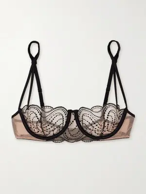 Kiki De Montparnasse Ondule Silk-blend Trimmed Embroidered Tulle Balconette Bra - Neutrals