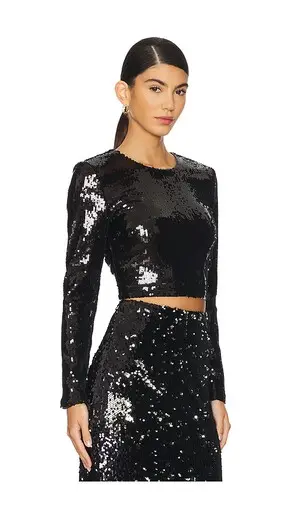 L'AGENCE Rogan Crop Sequin Long Sleeve Top - Black