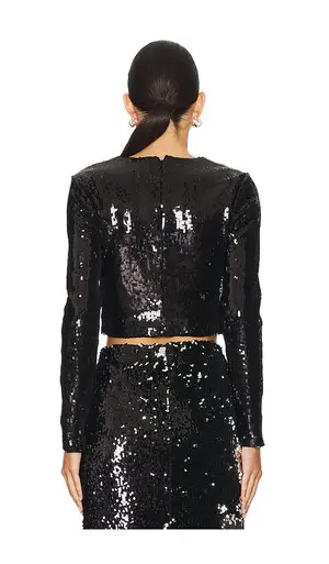 L'Agence Rogan Crop Sequin Long Sleeve Top - Black