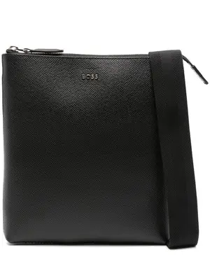 BOSS Logo Lettering Leather Messenger Bag - Black