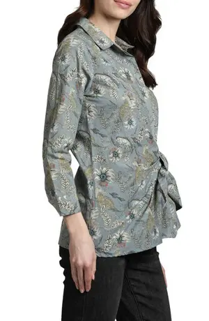 APNY Mixed Print Side Tie Cotton Button-up Shirt - Grey Multi