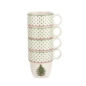 SPODE Christmas Tree Polka Dot Stackable Mugs, Set Of 4 - Green