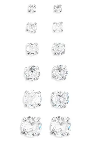 Bp. Cubic Zirconia Stud Earrings Set Of 6 - Sterling Silver Dipped