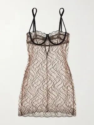 Kiki De Montparnasse Ondule Silk-blend Trimmed Embroidered Tulle Chemise - Neutrals