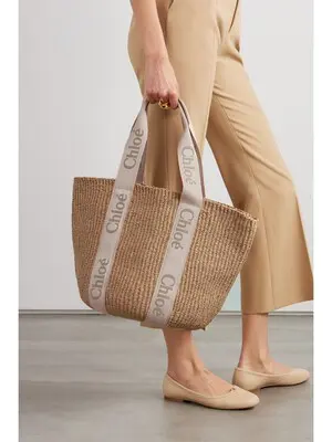 Chloé Woody Large Leather-trimmed Raffia Tote - Neutrals