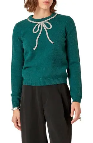 English Factory Rhinestone Bow Sweater - Green