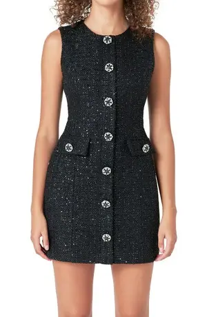 Endless Rose Sequin Jewel Button Tweed Mini Dress - Black