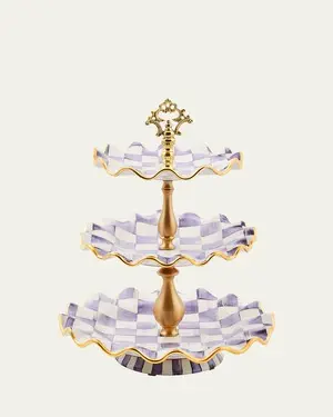 MACKENZIE-CHILDS Violet Check Fluted Ceramic Three-tier Sweet Stand - One-color