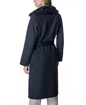 MAXIMILIAN Belted Wool Overcoat With Fur Collar - Black