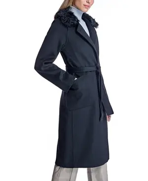 MAXIMILIAN Belted Wool Overcoat With Fur Collar - Black