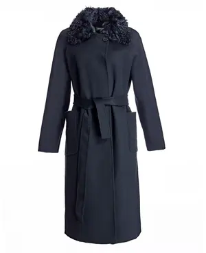 MAXIMILIAN Belted Wool Overcoat With Fur Collar - Black